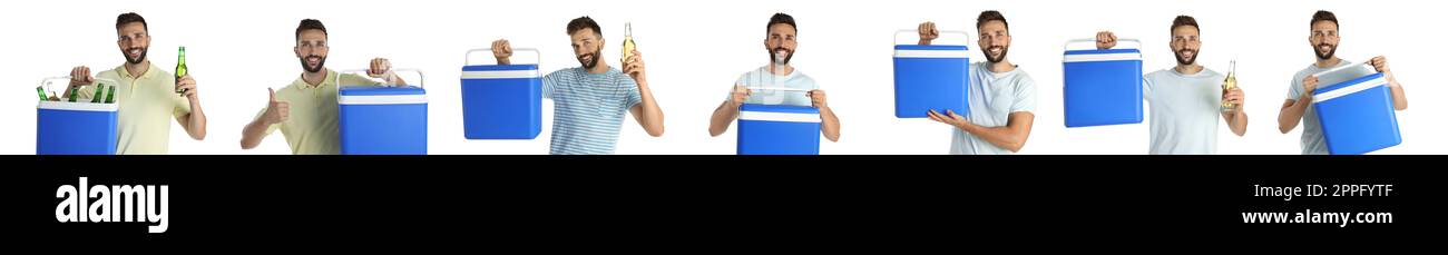Collage with photos of man holding cool boxes on white background ...