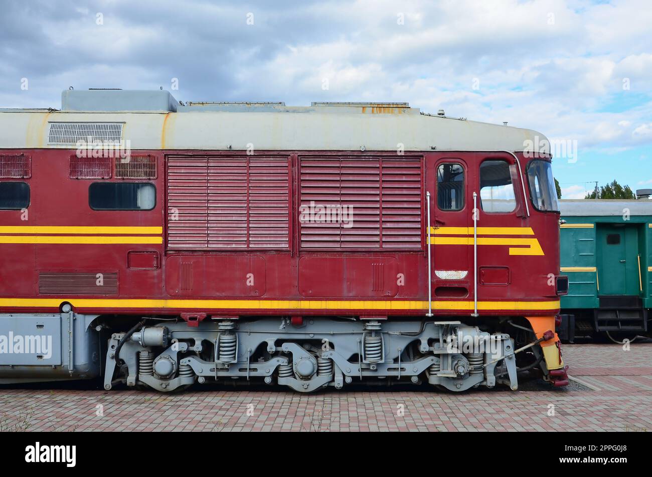 Cabin of modern Russian electric train. Side view of the head of ...