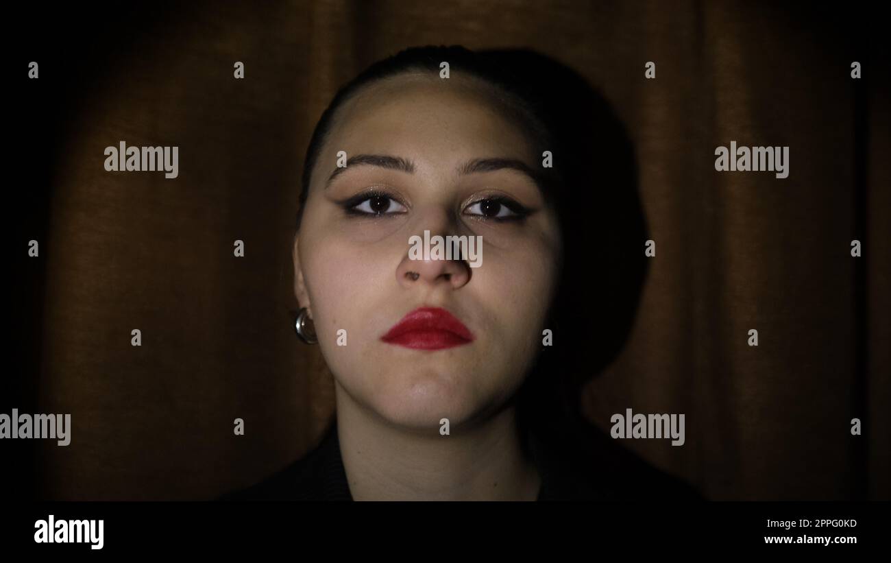 Fashion close-up portrait of model female with make-up. stressed face ...
