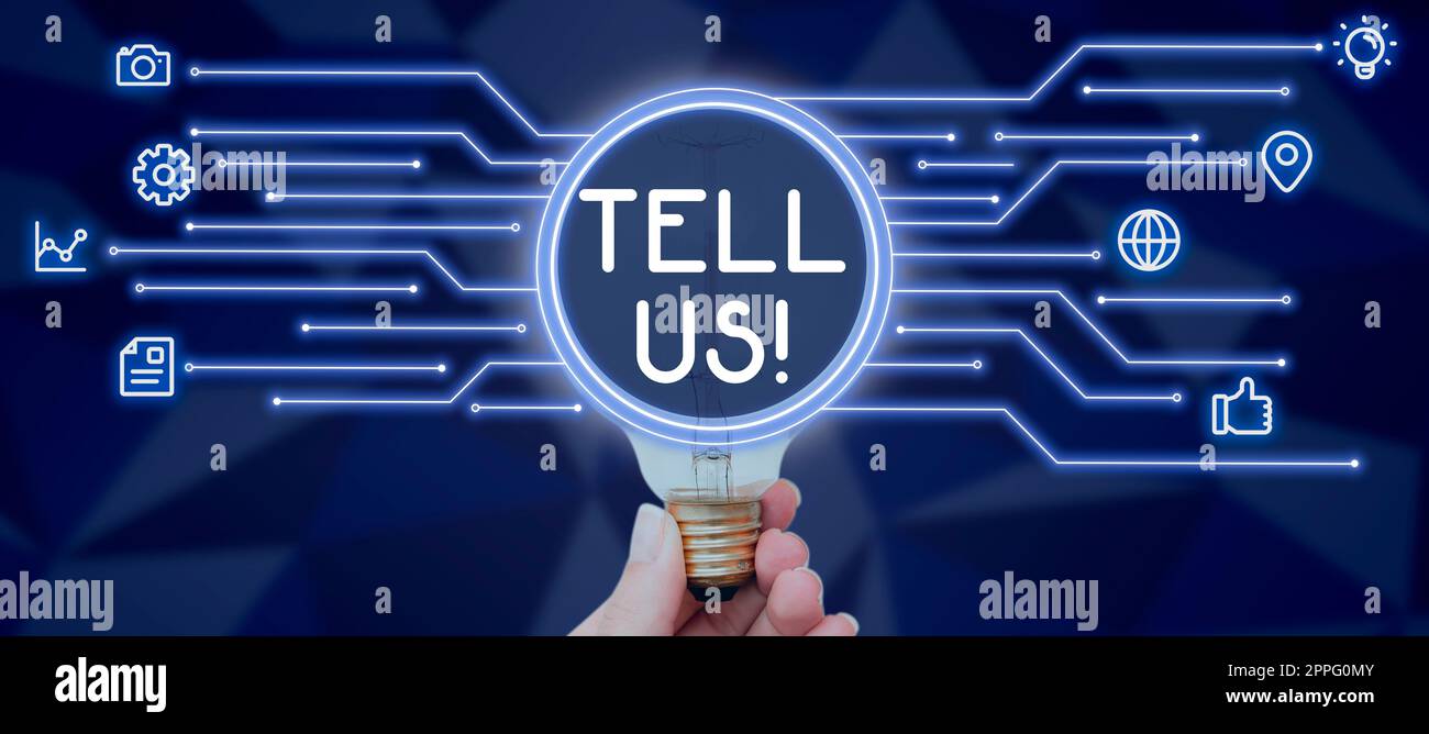 Writing displaying text Tell Us. Business overview communicate ...