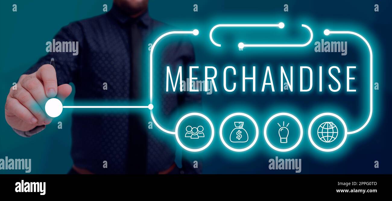 Text caption presenting Merchandise. Word Written on the commodities or ...