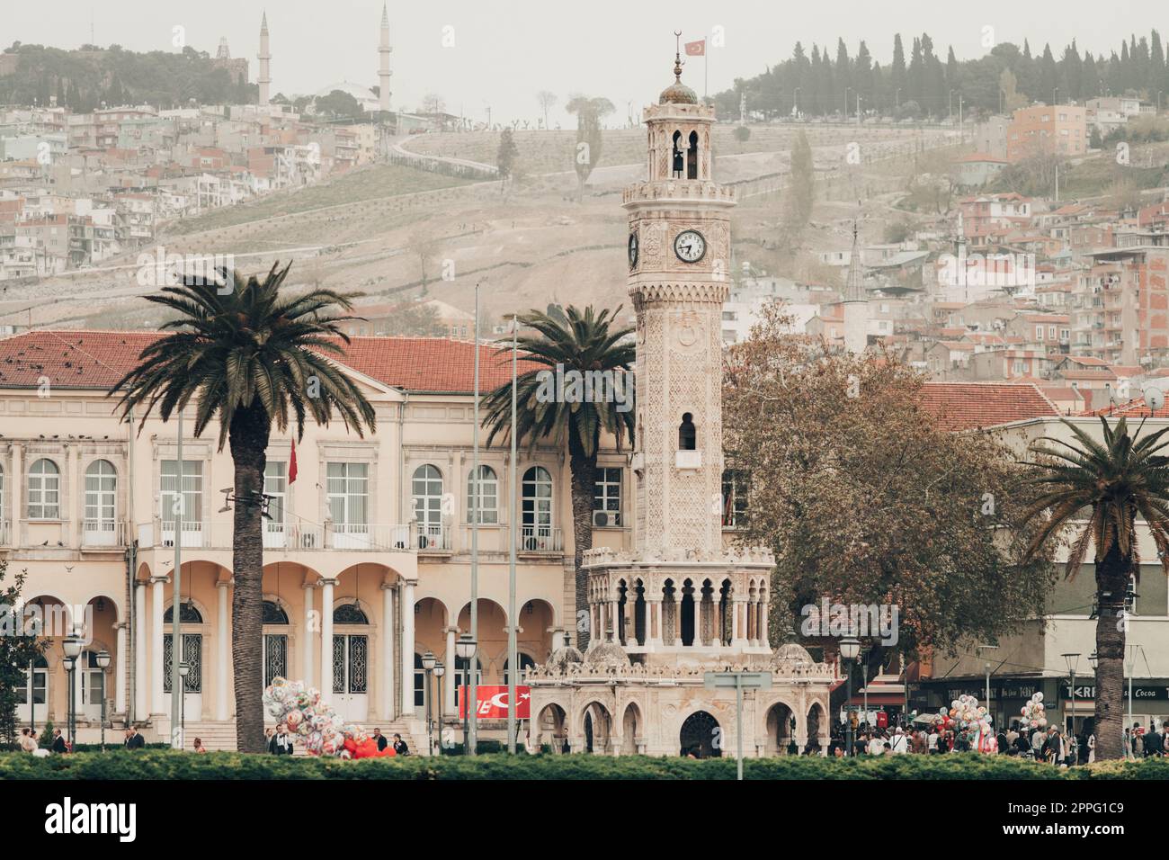 beautiful tower on the background of the modern city of Izmir, Turkey ...
