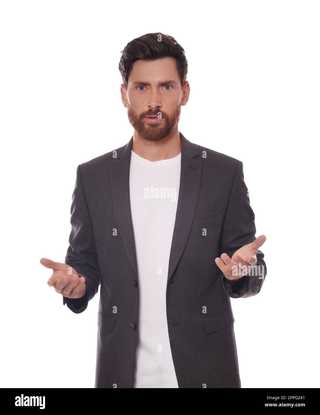 Handsome man gesturing on white background. Weather forecast reporter ...