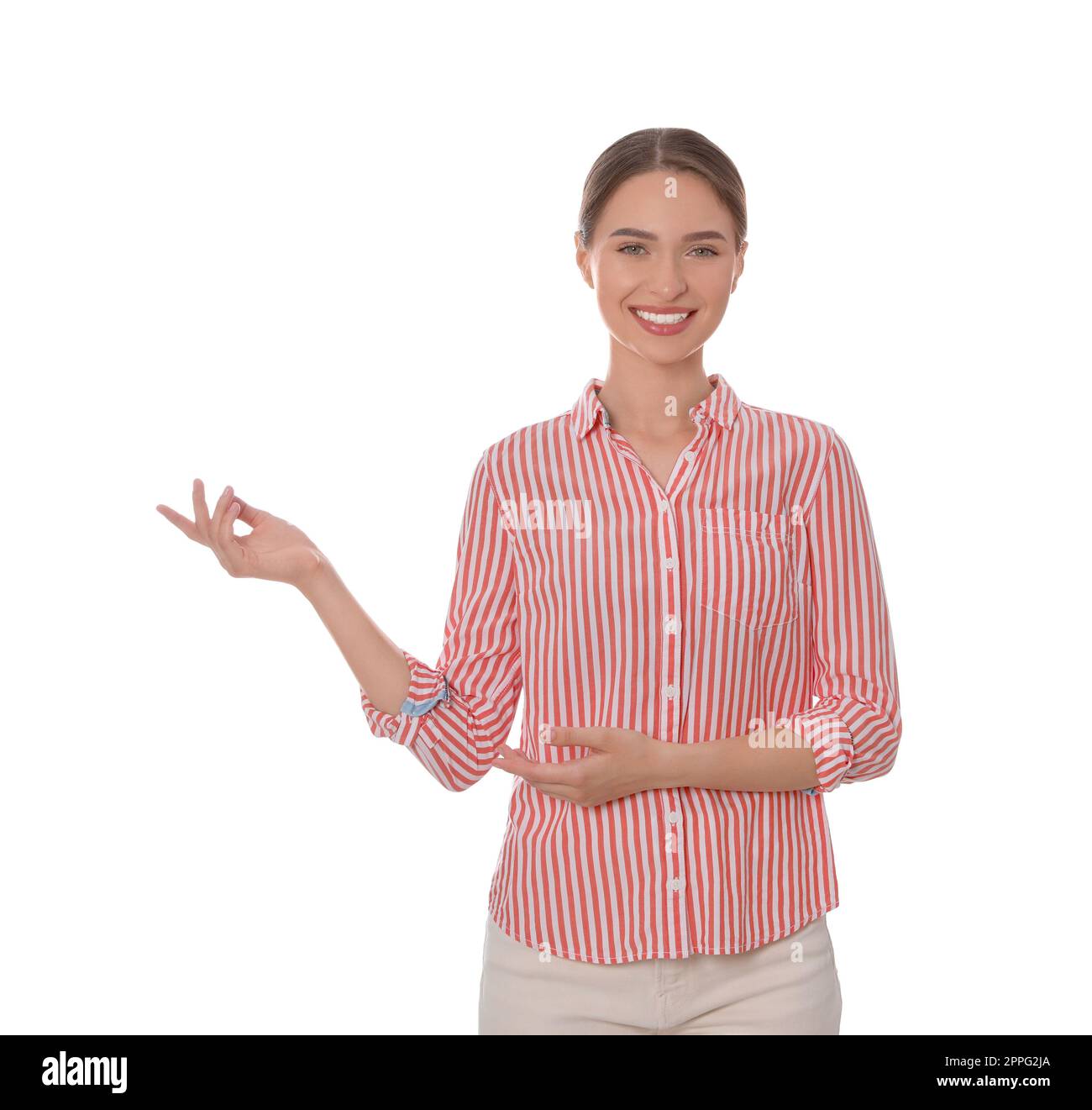 Beautiful woman showing something on white background. Weather forecast ...