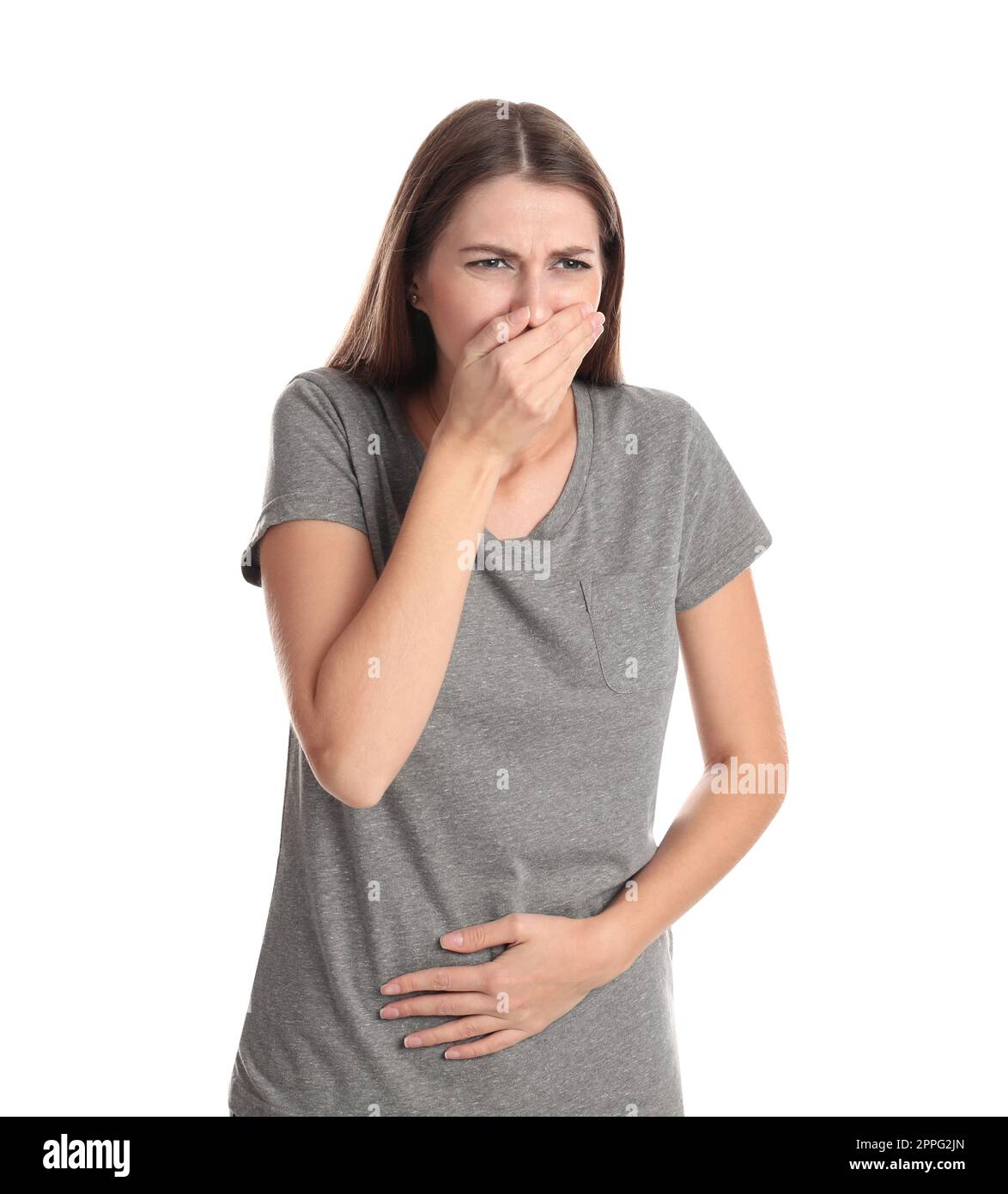 Woman suffering from nausea on white background. Food poisoning Stock ...