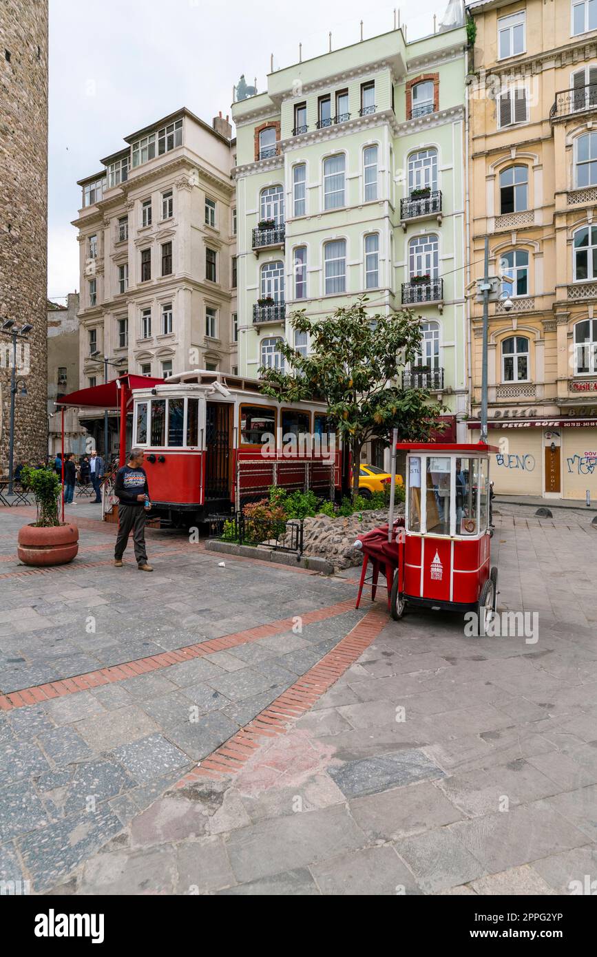 Historic trams at Galata tower square in Taksim area, Istanbul, Turkey ...