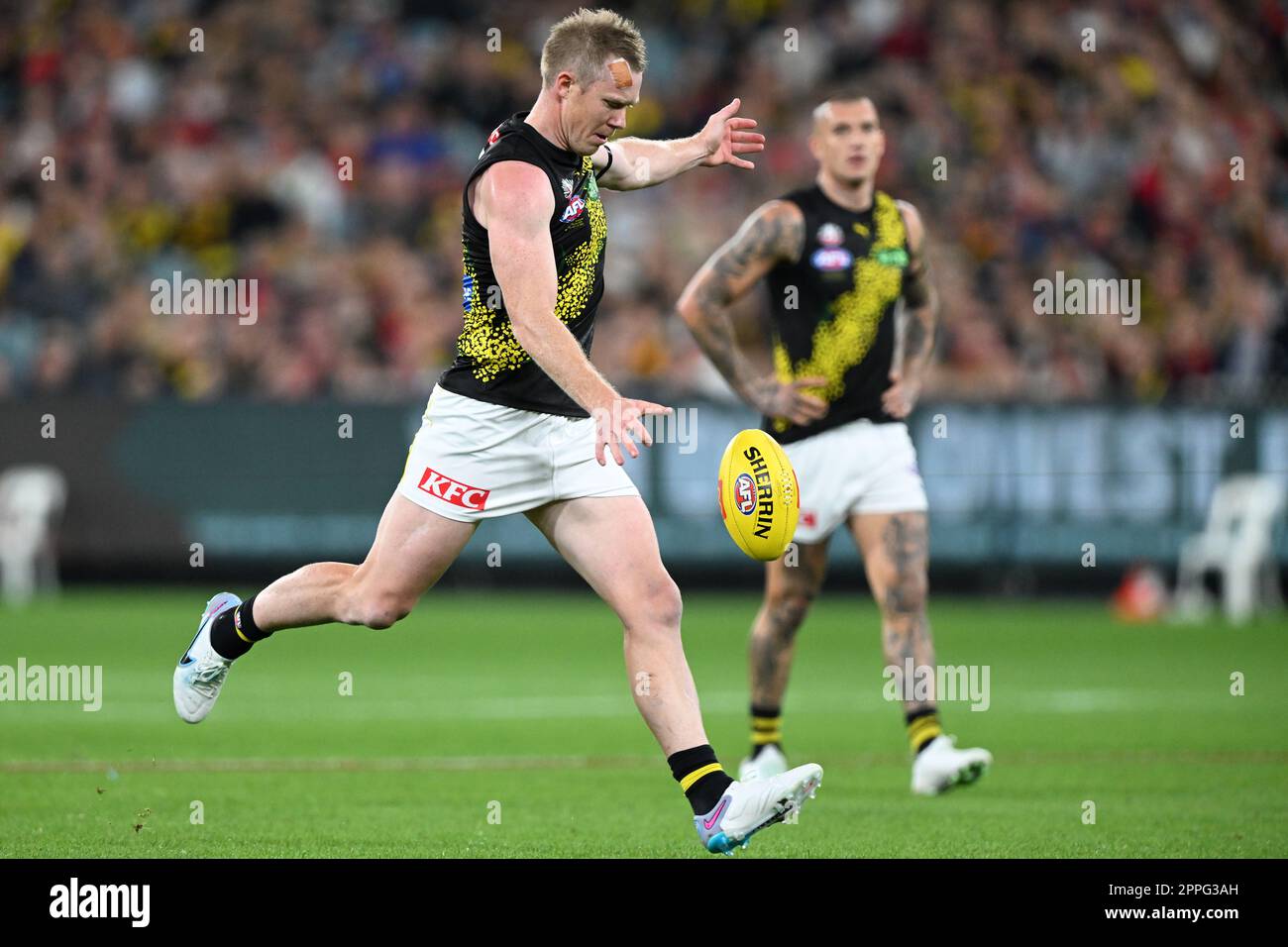 Jack Riewoldt of Richmond kicks the footy during the AFL Round 6 match ...