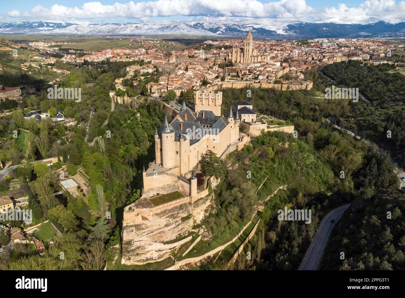 Aerial view of Segovia Alcazar, famous landmark in Segovia, Spain. High ...