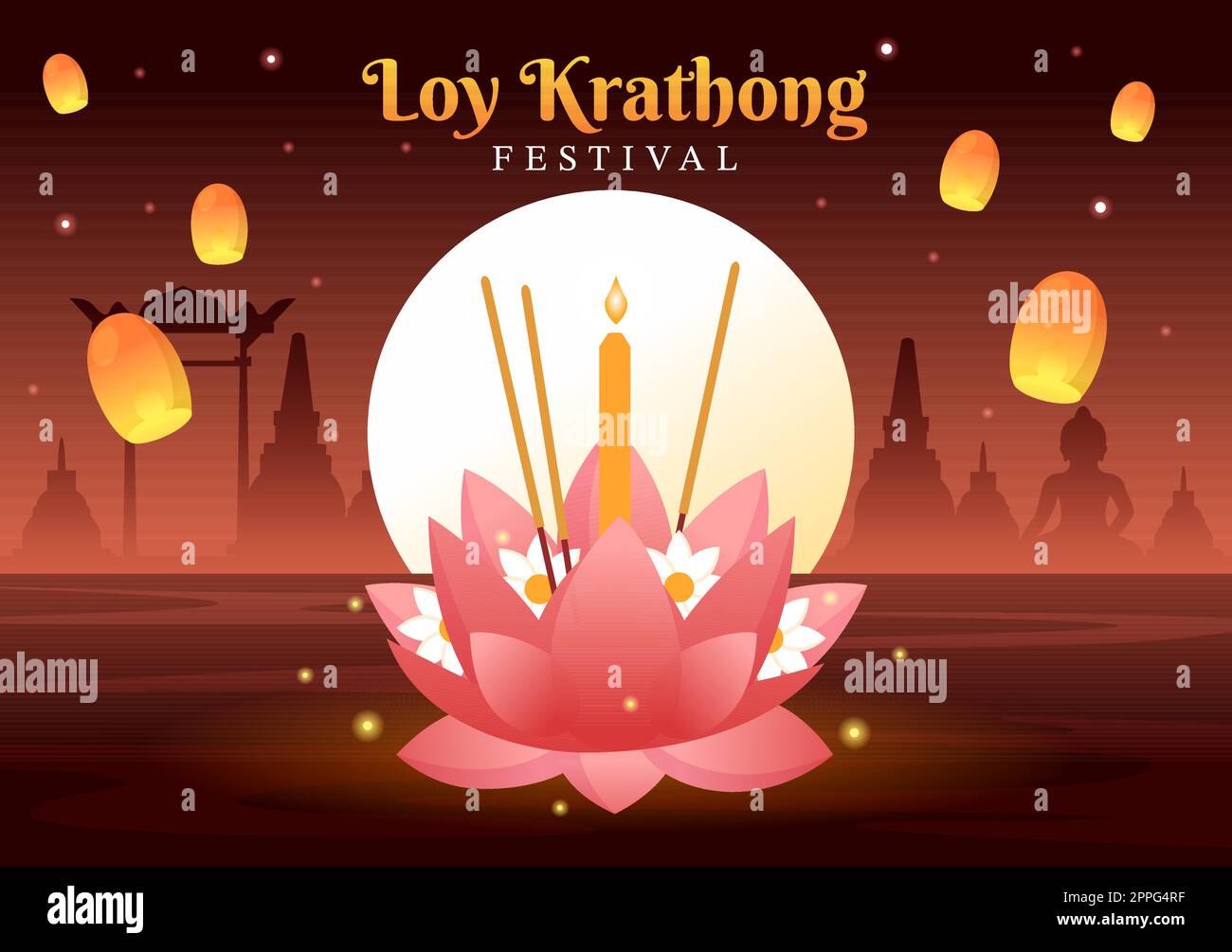 Loy Krathong Festival Celebration in Thailand Template Hand Drawn ...