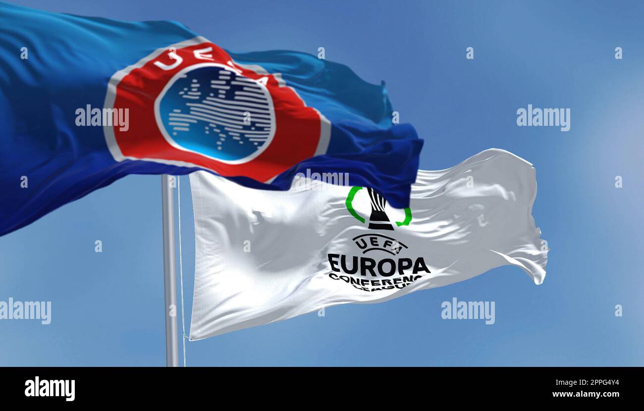 Flags with UEFA and UEFA Europa Conference League waving in the wind ...