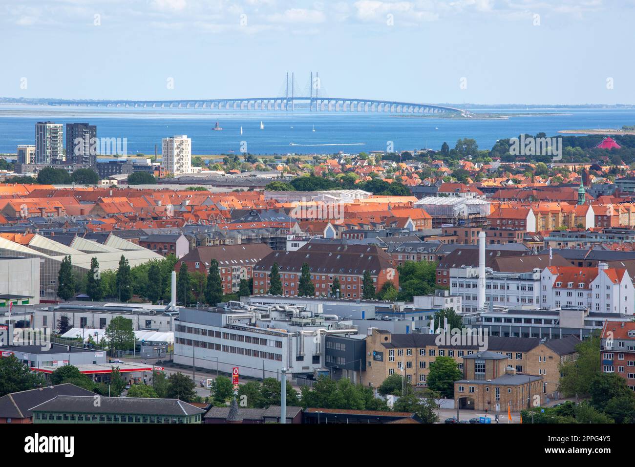 Aerial view of the city and Oresund Bridge, Copenhagen, Denmark Stock ...