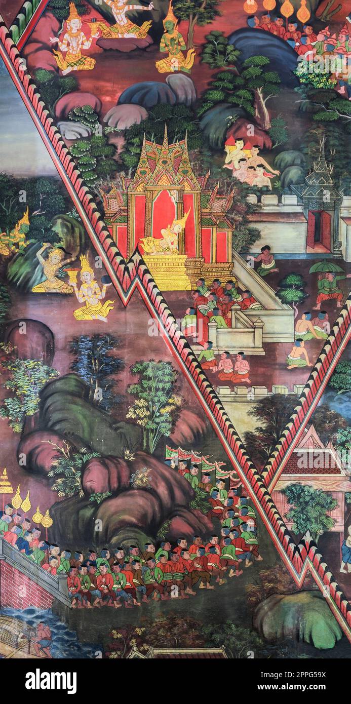 Ancient Thai Buddhist mural mural painting on temple wall Stock Photo ...