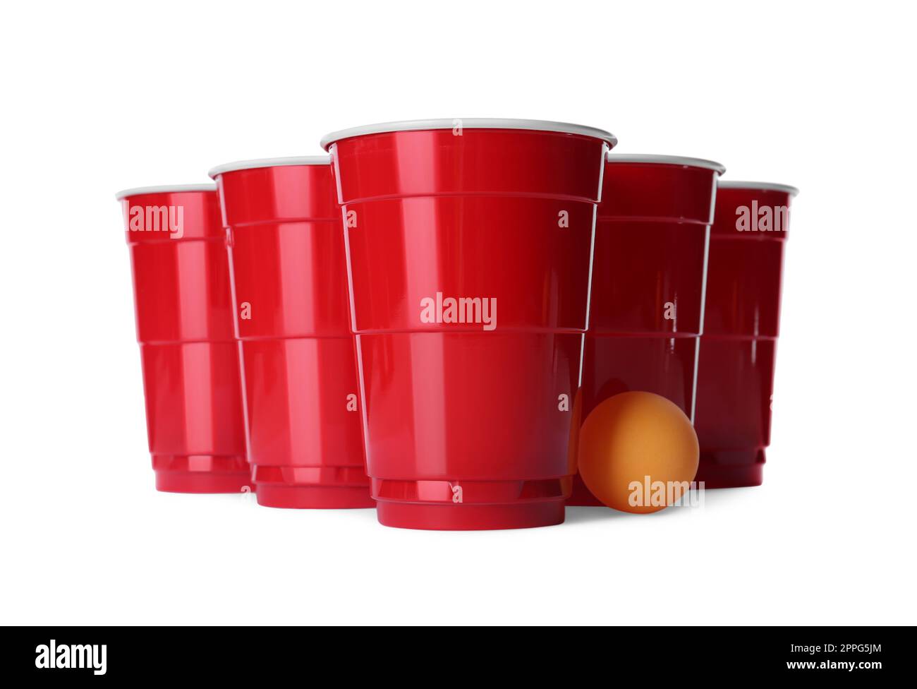 Red plastic cups and ball for beer pong on white background Stock Photo ...