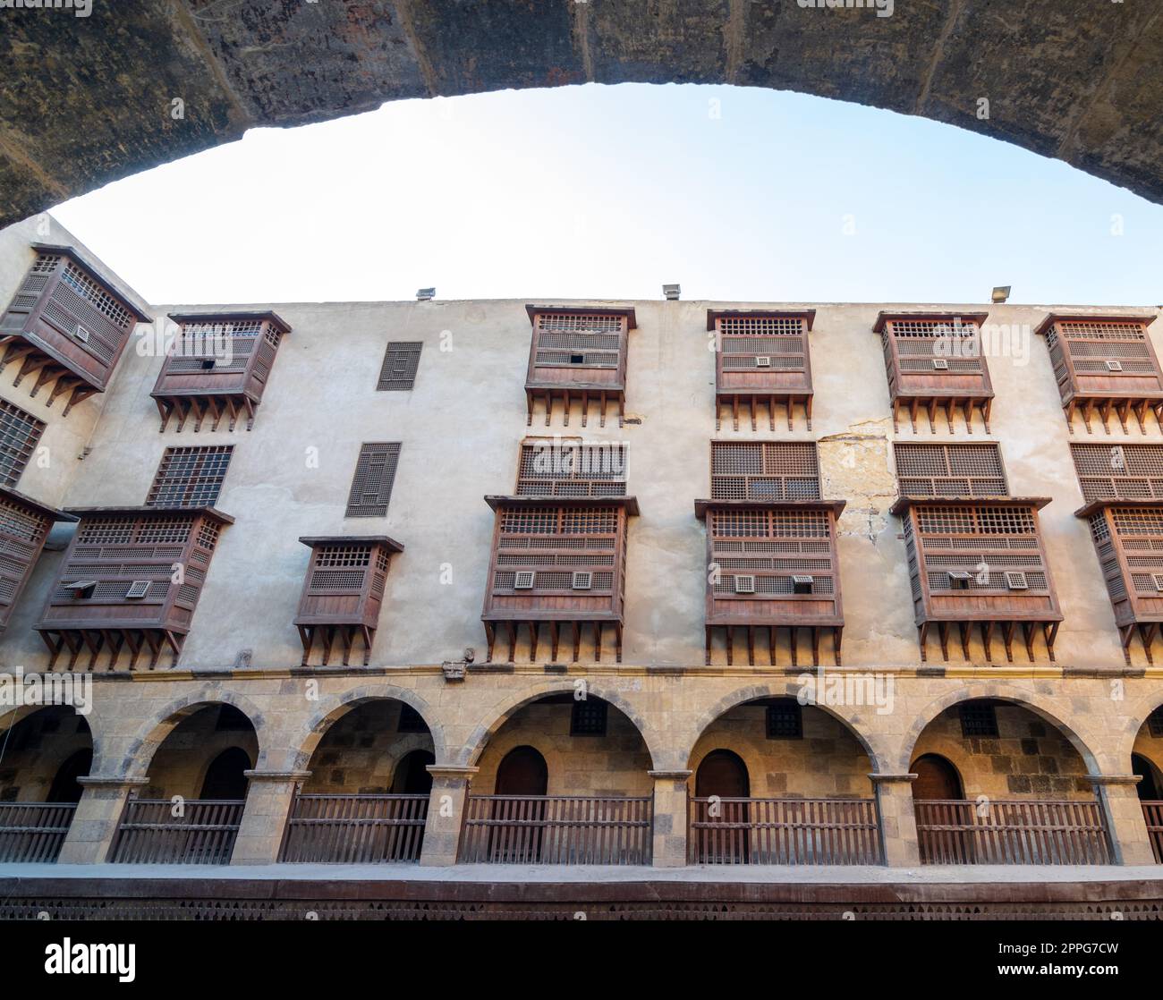 Facade of caravansary of Bazaraa framed by stone arch, with vaulted ...