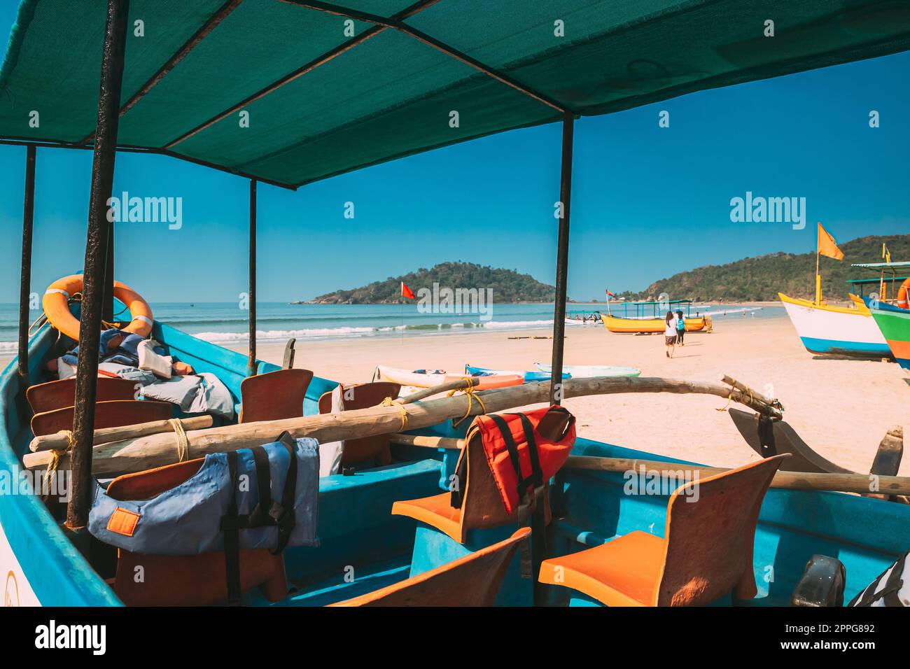 Canacona, Goa, India. Sightseeing Tourist Boat Parked On Famous Palolem ...