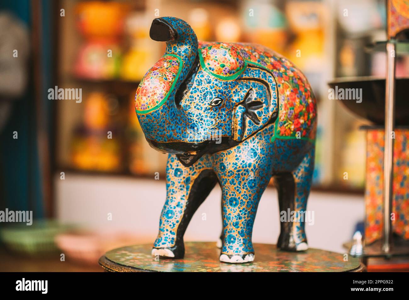 Goa, India. Painted Elephant Souvenir Of Porcelain On Shelf In Store ...