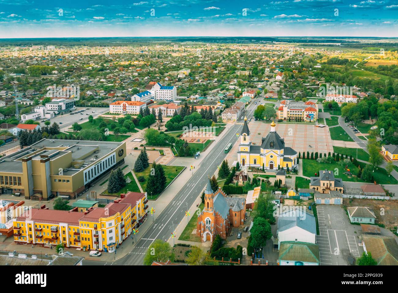 Rechytsa, Belarus. Aerial View Of Residential Houses And Famous ...