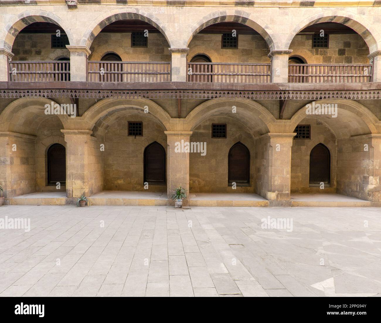 Facade of caravansary of Bazaraa, with vaulted arcades and wooden oriel ...