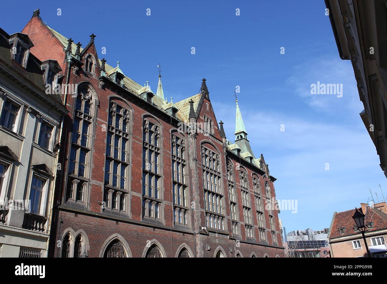 old town hall building with a clock in the center on Wroclaw Square ...