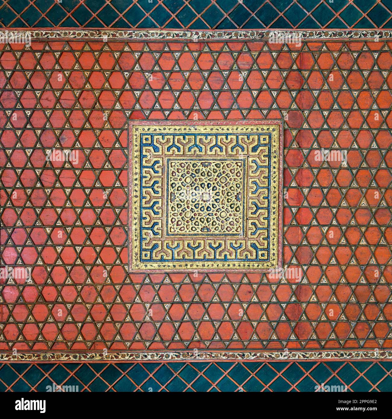 Wooden ceiling decorated with red and blue floral patterns, Mamluk era ...