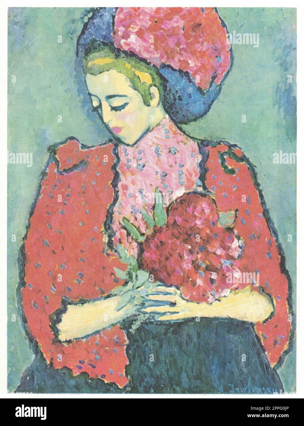 Young Girl with Peonies, 1909, oil on canvas. Painting by Alexej von Jawlensky Stock Photo - Alamy