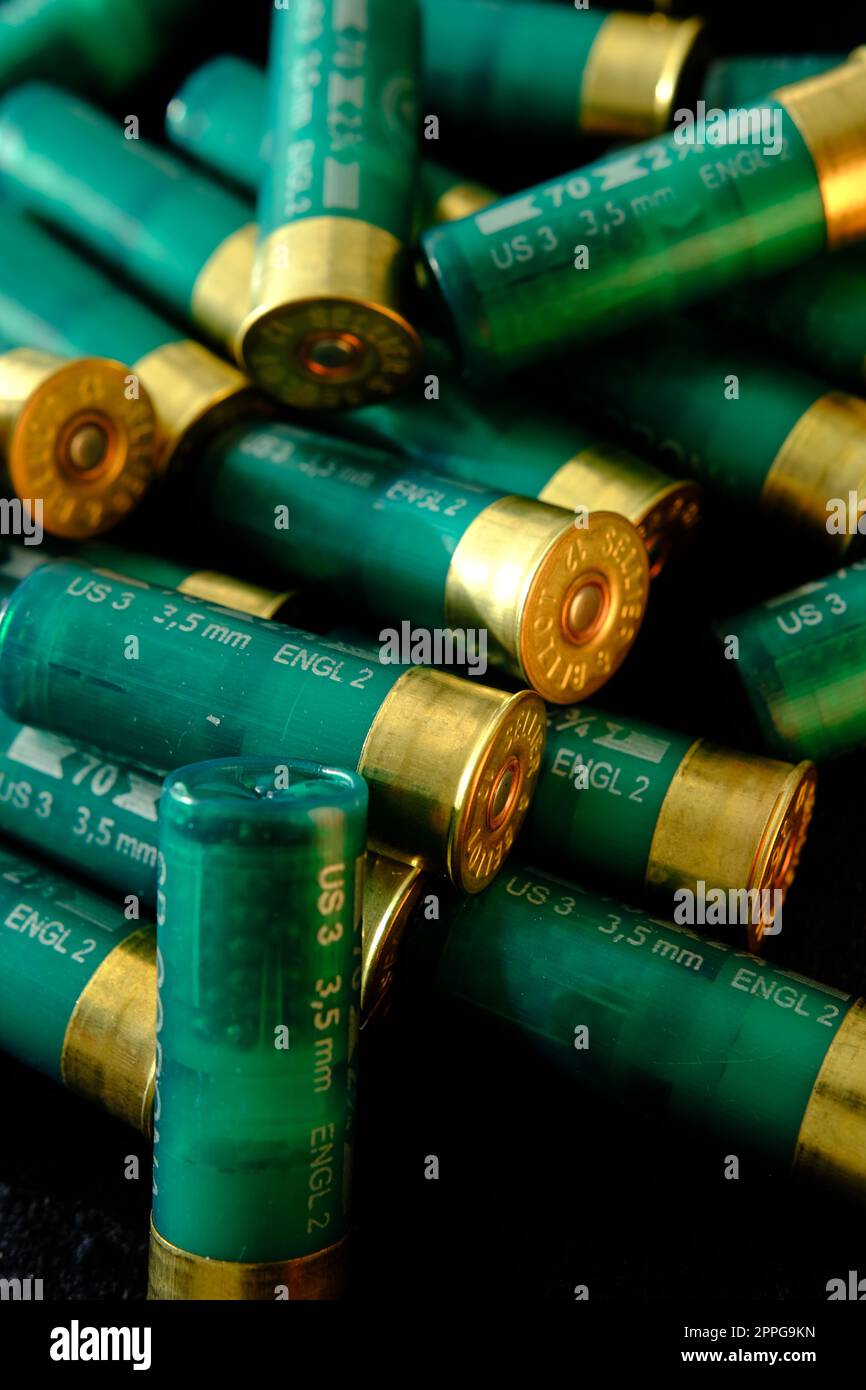 Shotgun shells on a black surface. Ammunition for 12 gauge smoothbore ...