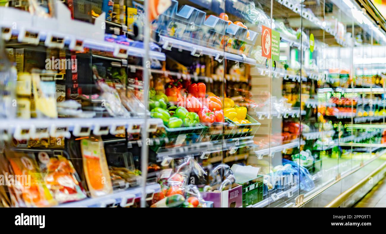 Food products displayed in a commercial refrigerator Stock Photo - Alamy