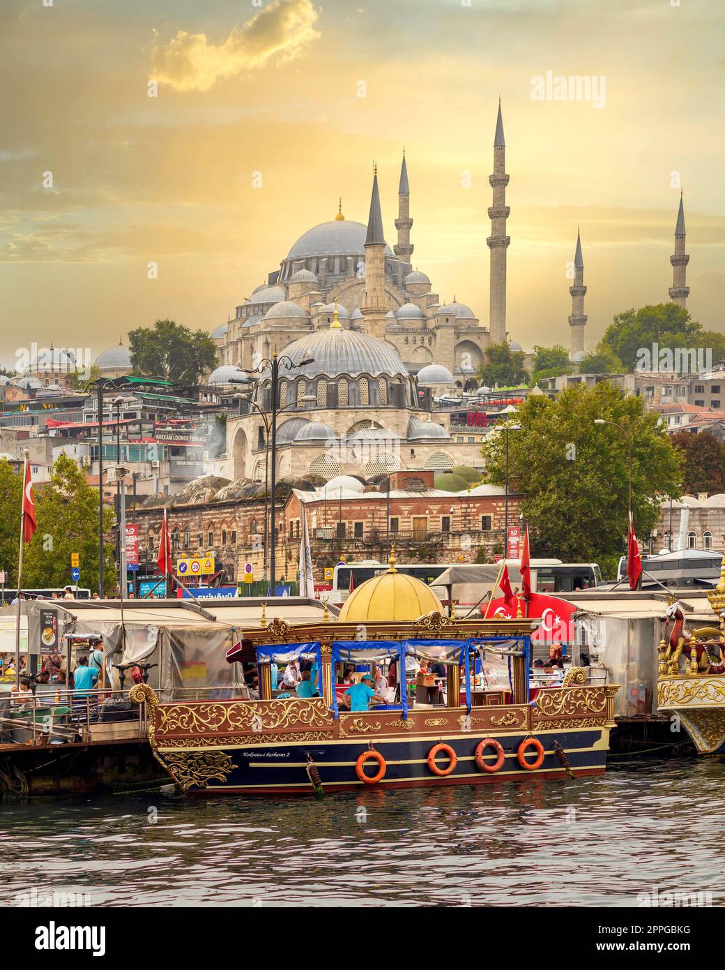 Traditional fast food bobbing boat serving fish sandwiches at Eminonu ...