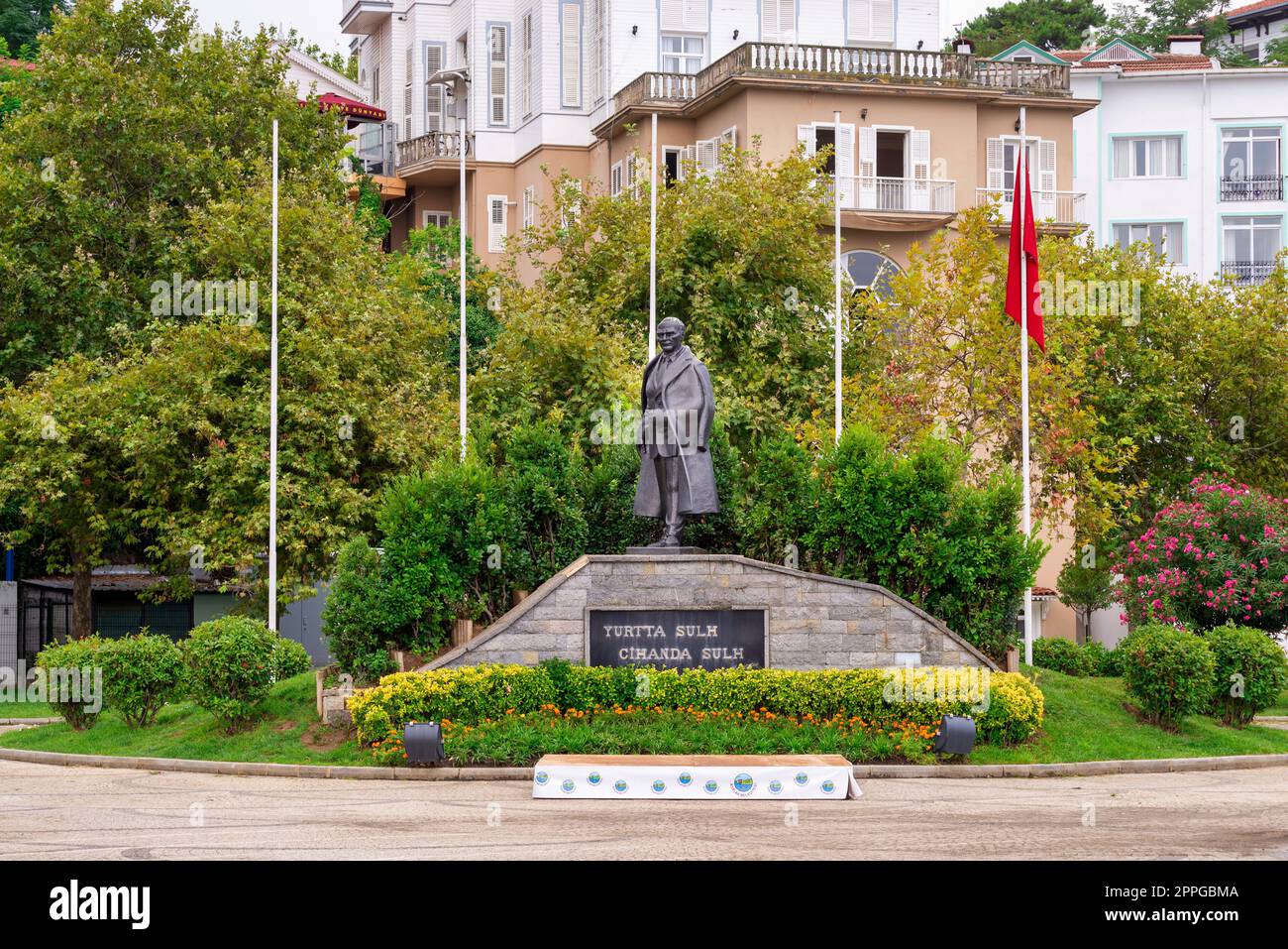 Square at Buyukada, or Princes Island, with the statue of modern Turkey ...