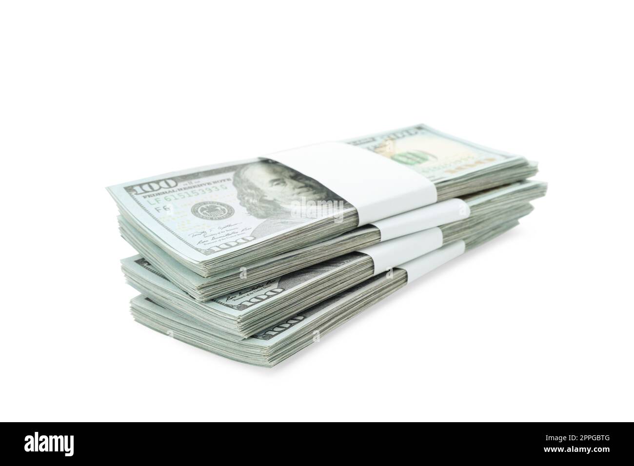 Bundles of dollar banknotes isolated on white. American national ...
