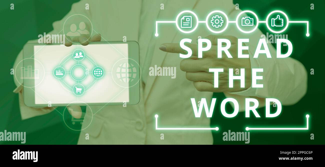 Hand writing sign Spread The Word. Internet Concept share the ...