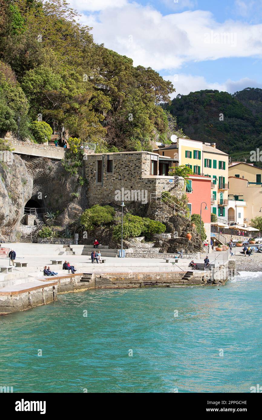 View on seaside and typical houses in small village, Monterosso, Cinque ...