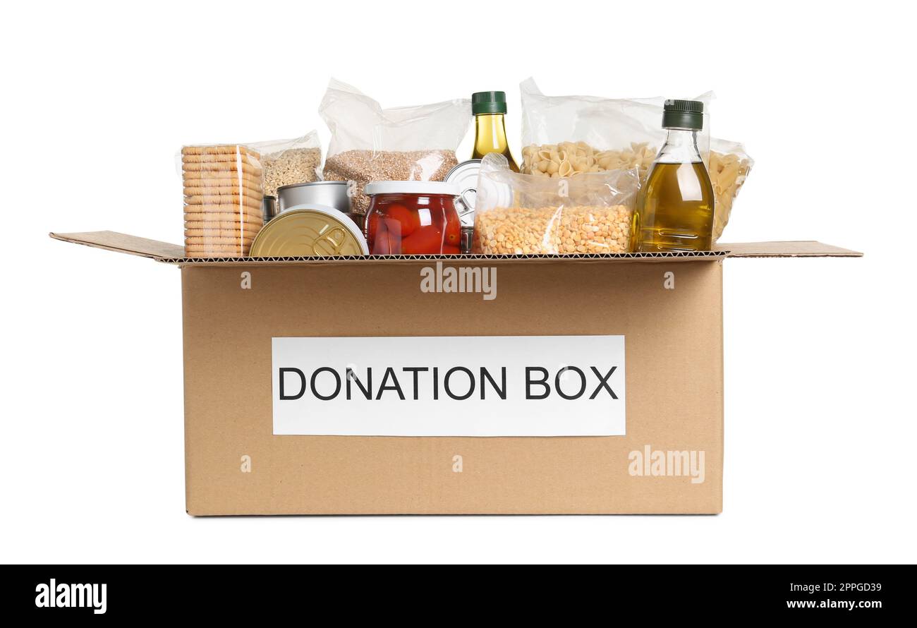Donation box with food isolated on white Stock Photo - Alamy