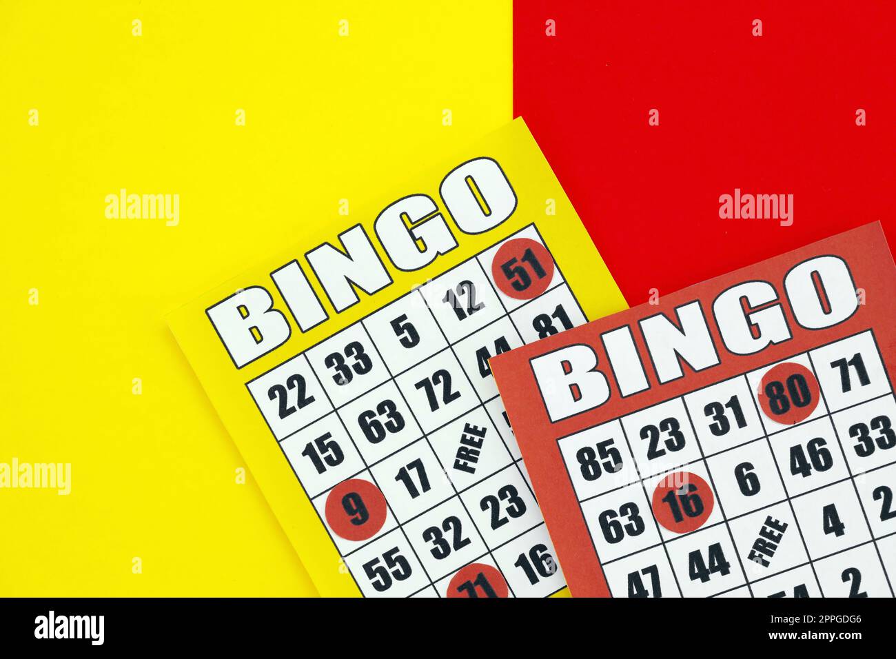 Yellow and red bingo boards or playing cards for winning chips. Classic ...