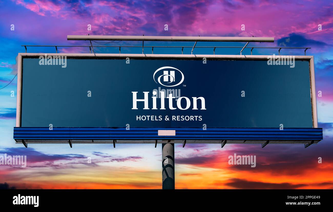 Billboard displaying logo of Hilton Hotels and Resorts Stock Photo - Alamy