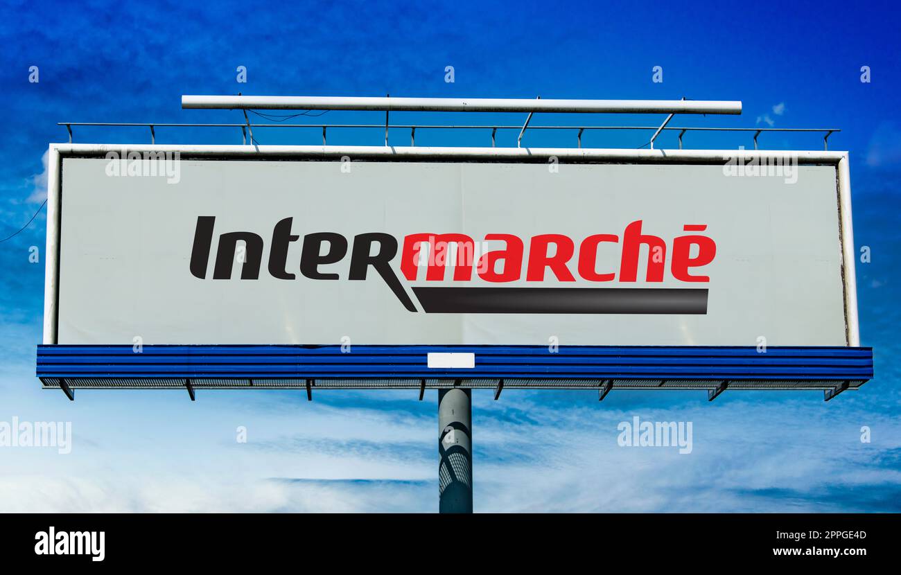 Advertisement billboard displaying logo of Intermarche Stock Photo - Alamy