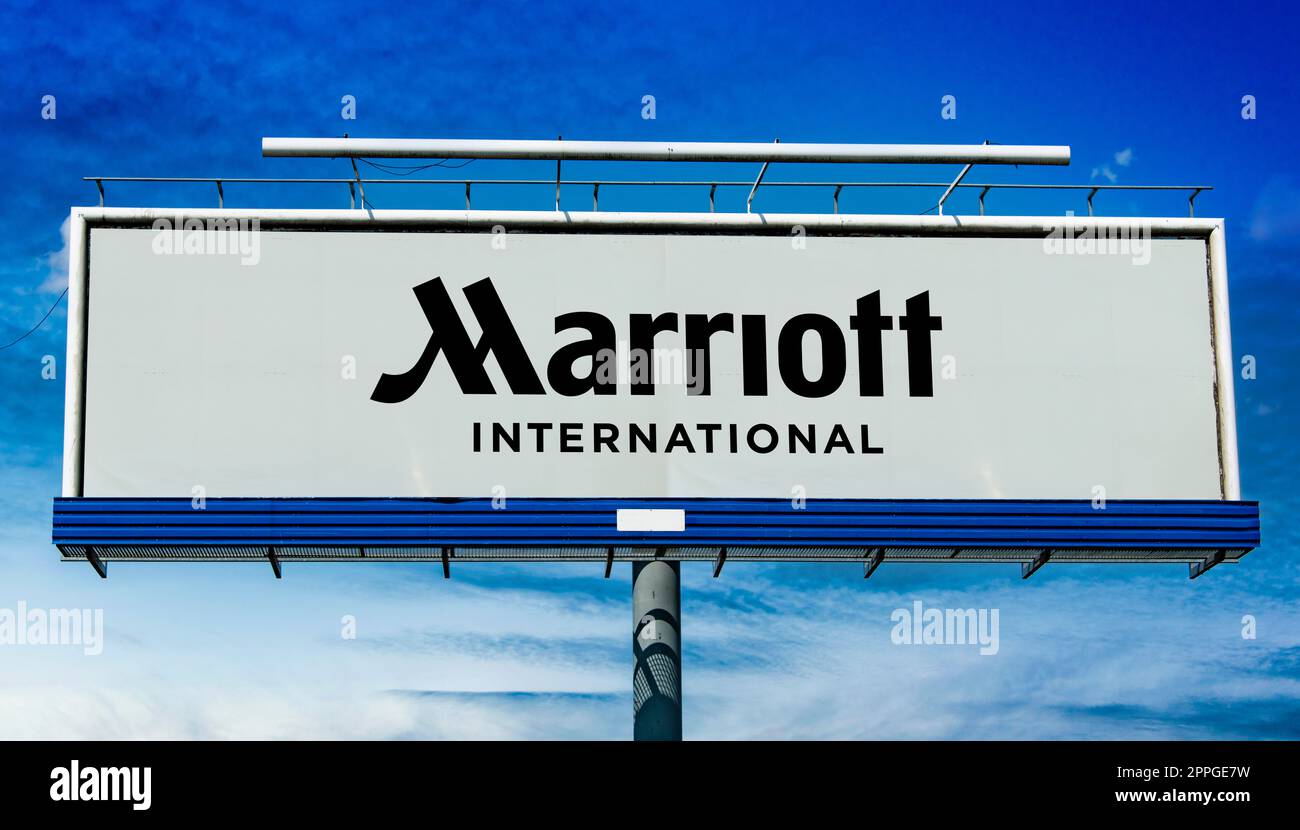 Advertisement billboard displaying logo of Marriott Int Stock Photo - Alamy