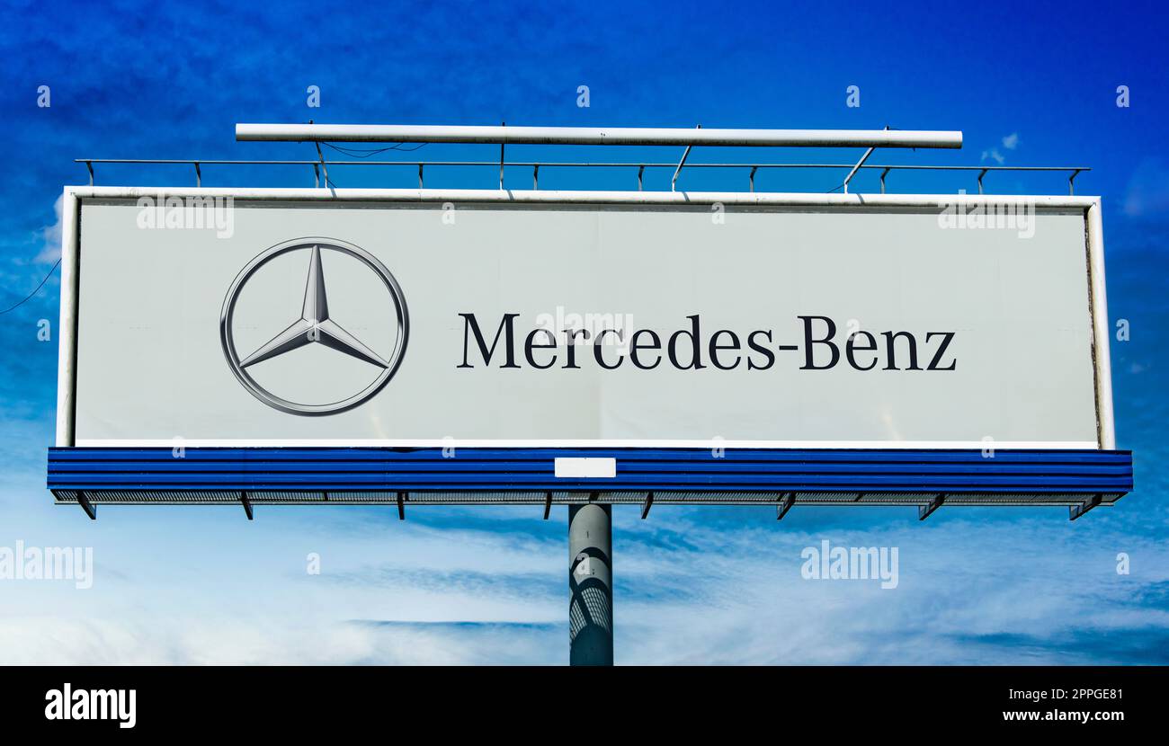 Advertisement billboard displaying logo of Mercedes-Benz Stock Photo ...
