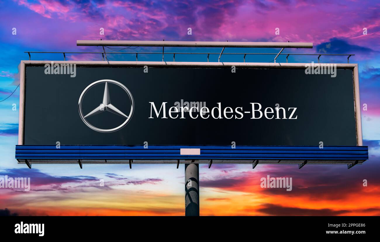 Advertisement billboard displaying logo of Mercedes-Benz Stock Photo ...