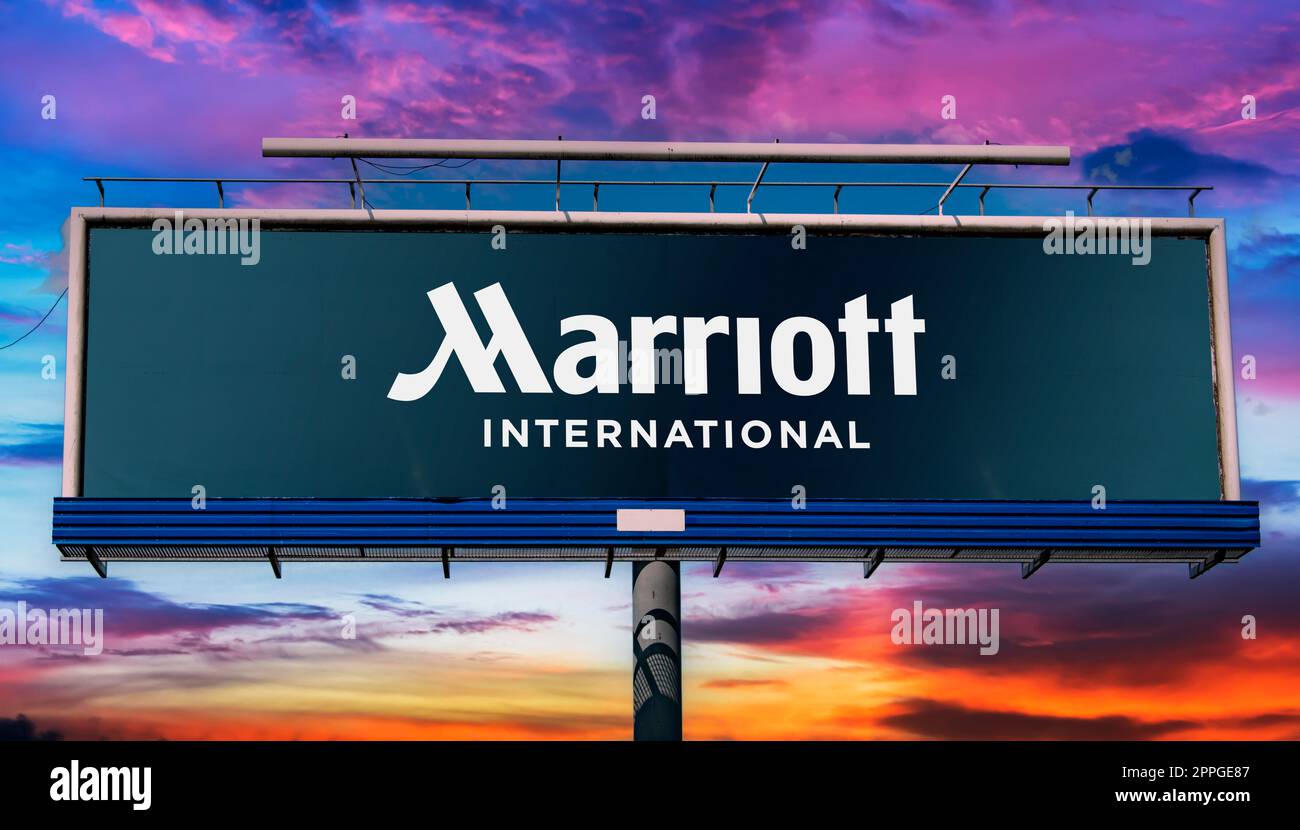 Advertisement billboard displaying logo of Marriott Int Stock Photo - Alamy