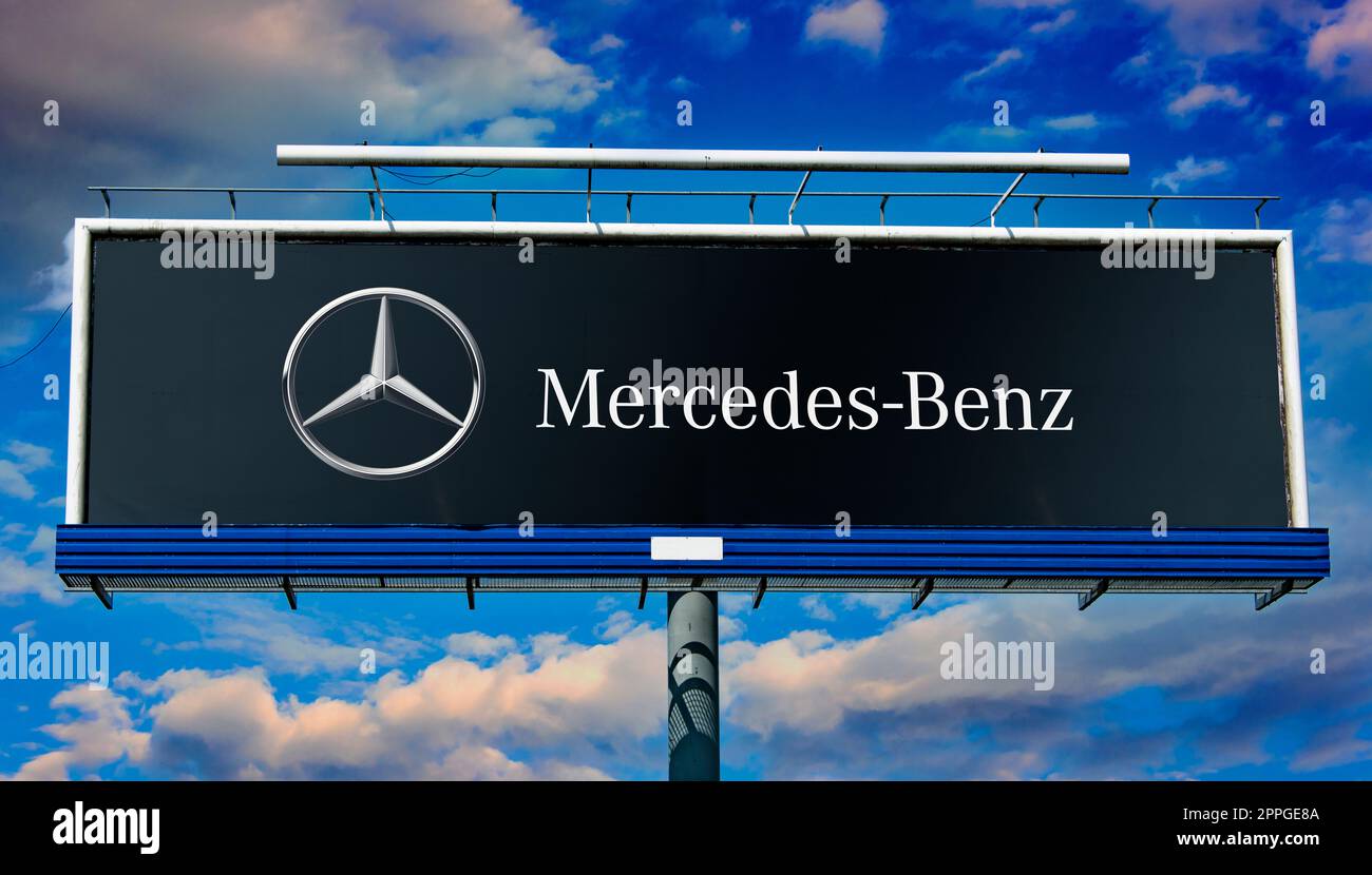 Advertisement billboard displaying logo of Mercedes-Benz Stock Photo ...