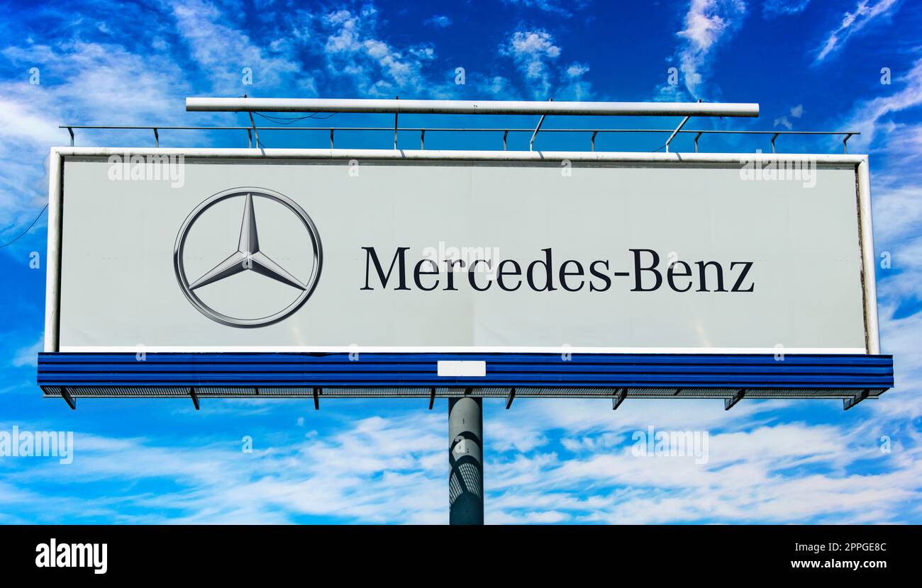 Advertisement billboard displaying logo of Mercedes-Benz Stock Photo ...
