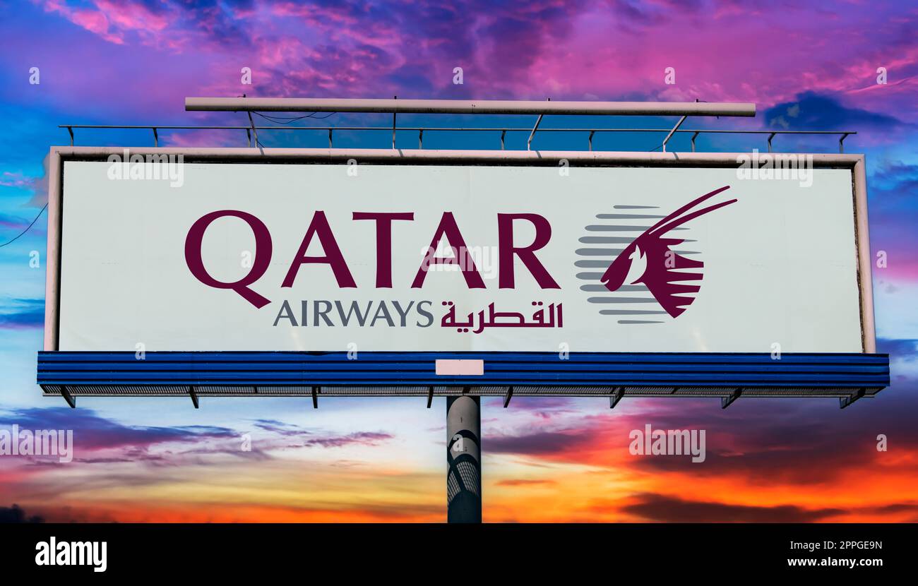 Advertisement billboard displaying logo of Qatar Airways Stock Photo ...
