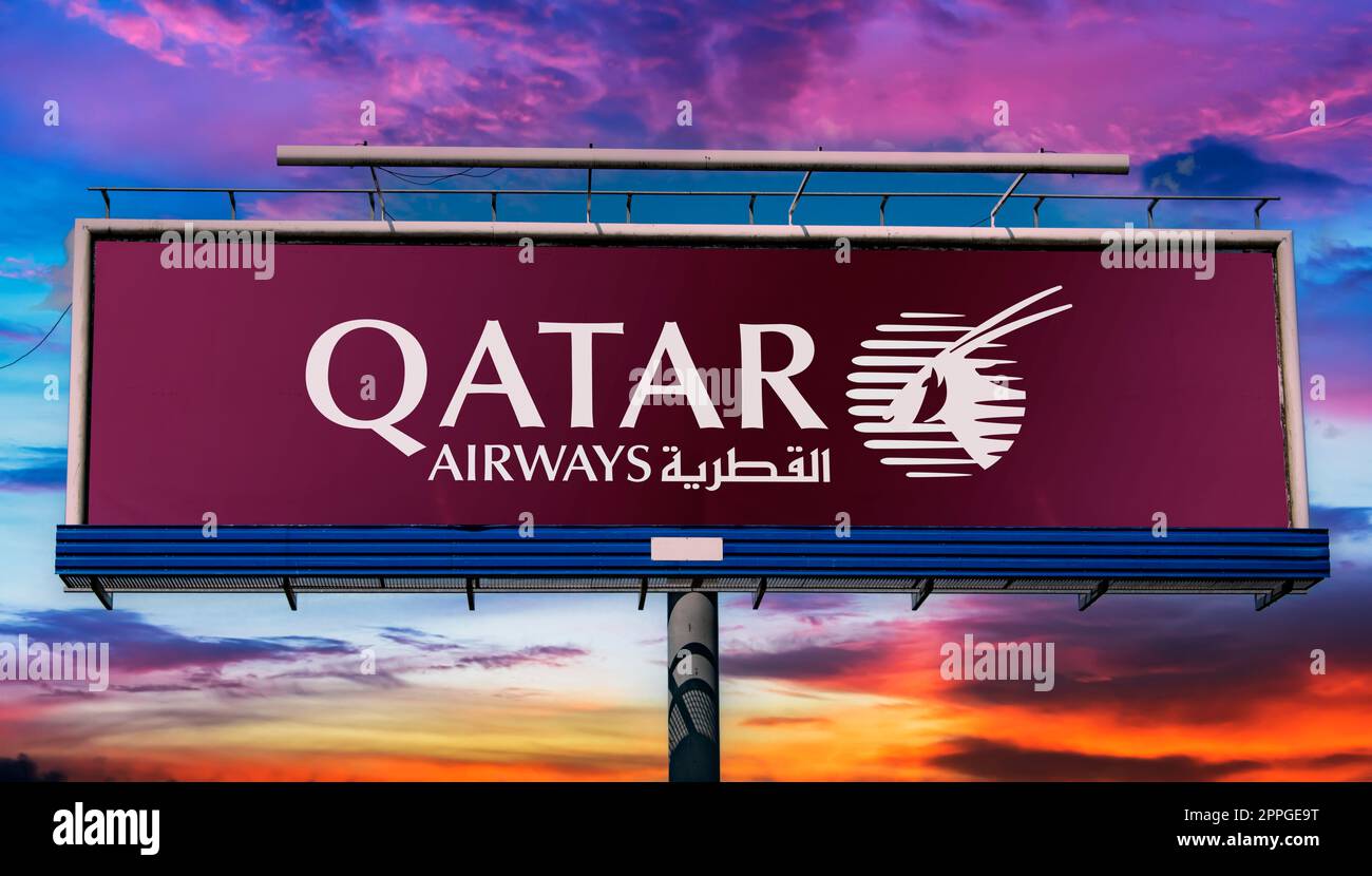 Advertisement billboard displaying logo of Qatar Airways Stock Photo ...