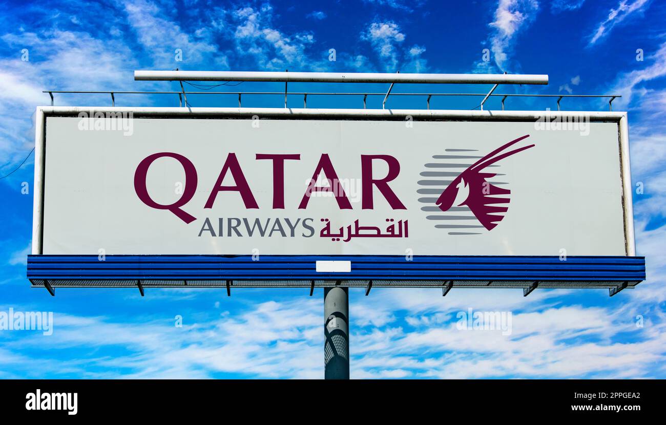 Advertisement billboard displaying logo of Qatar Airways Stock Photo ...