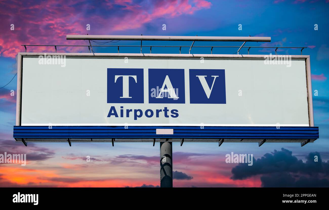 Advertisement billboard displaying logo of TAV Airports Holding Stock ...