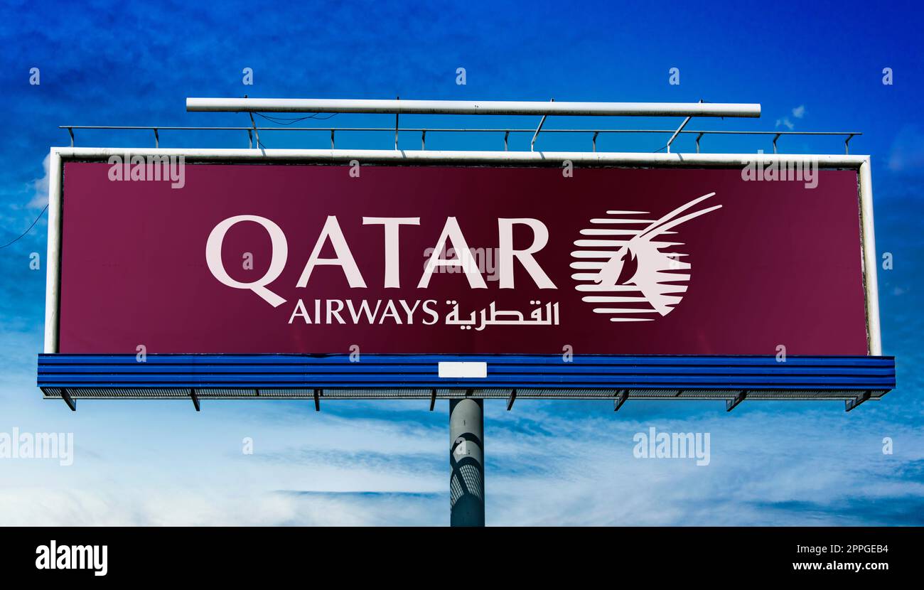 Advertisement billboard displaying logo of Qatar Airways Stock Photo ...