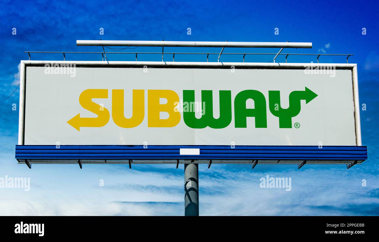 Advertisement billboard displaying logo of Subway Stock Photo - Alamy