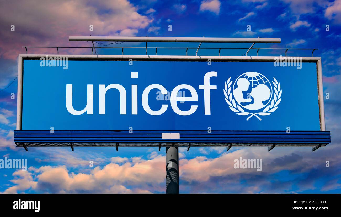 Advertisement billboard displaying logo of UNICEF Stock Photo - Alamy