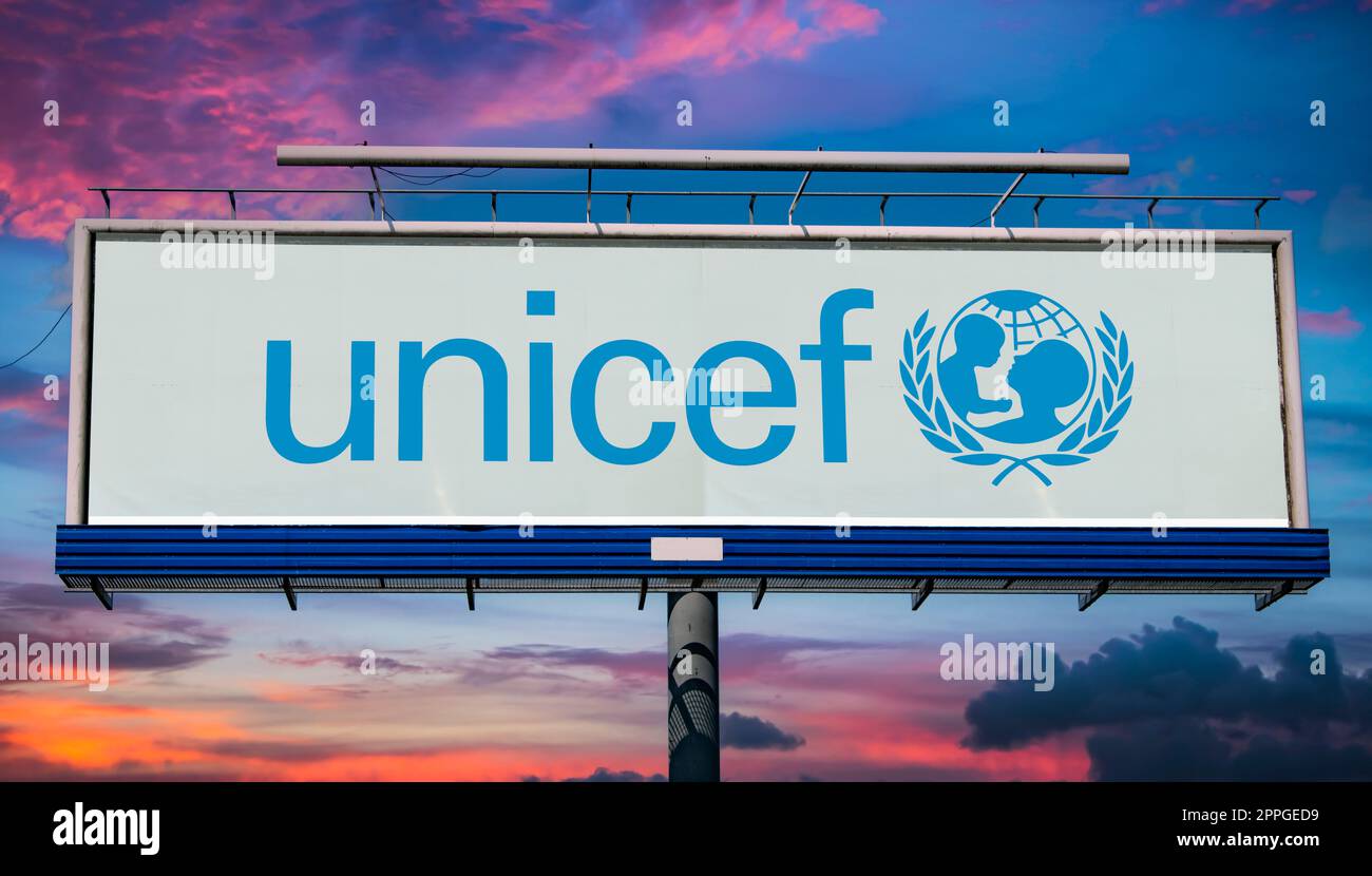Advertisement billboard displaying logo of UNICEF Stock Photo - Alamy